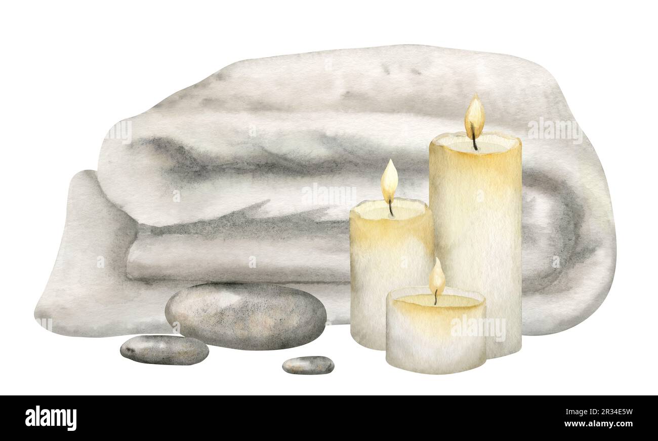 Spa illustration with towel and candles. Hand drawn watercolor ...