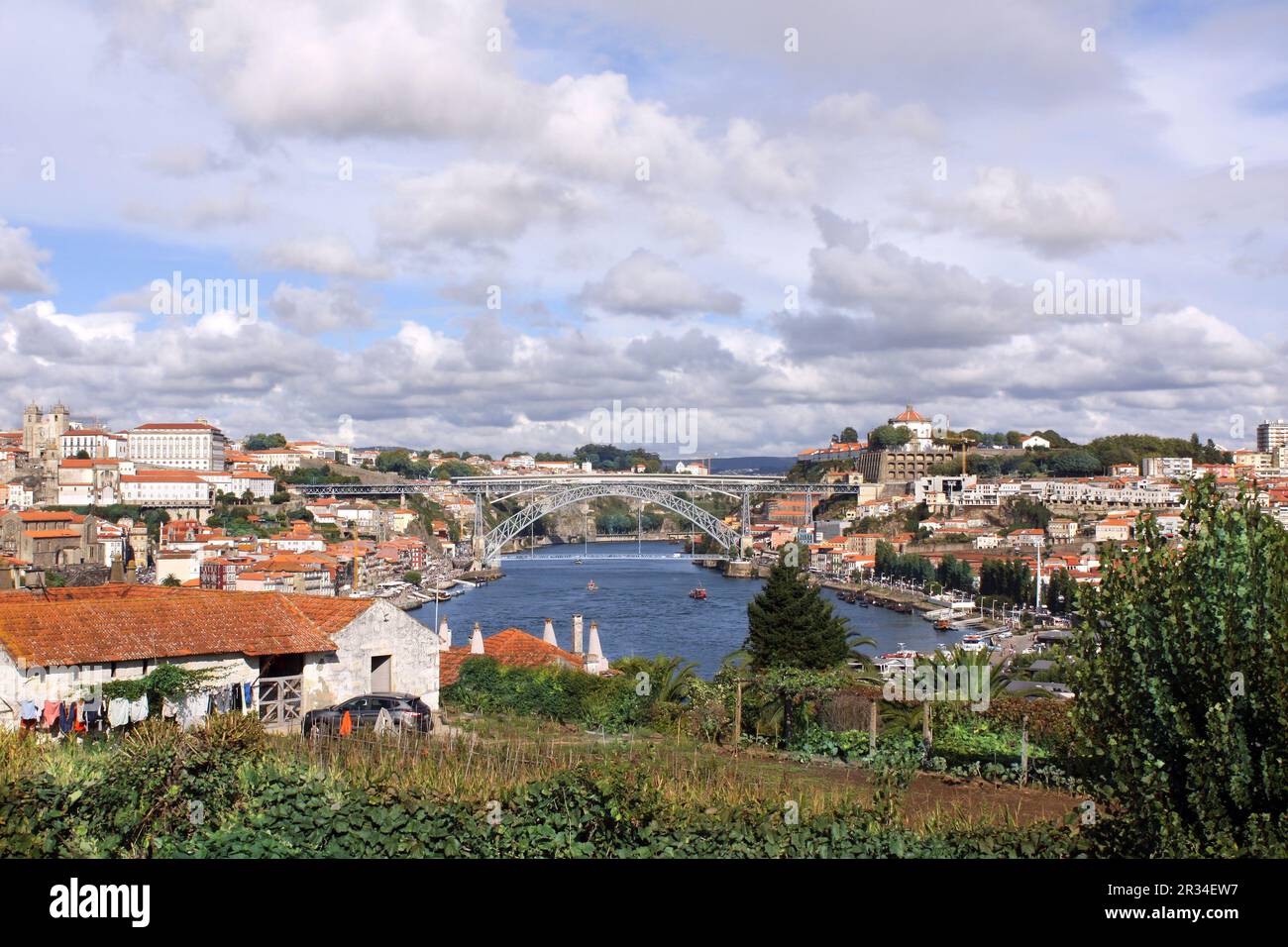Aerial view on Old Porto and Bridge Maria Pia in Porto, Portugal. Top ...