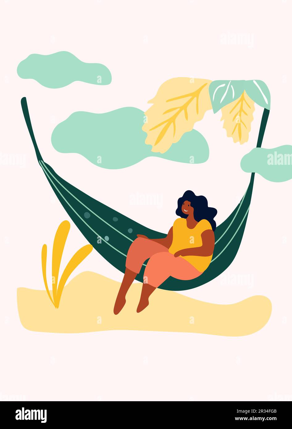 Women relaxing at the beach. Woman reclining in coastal hammocks, savoring sunny alfresco ...