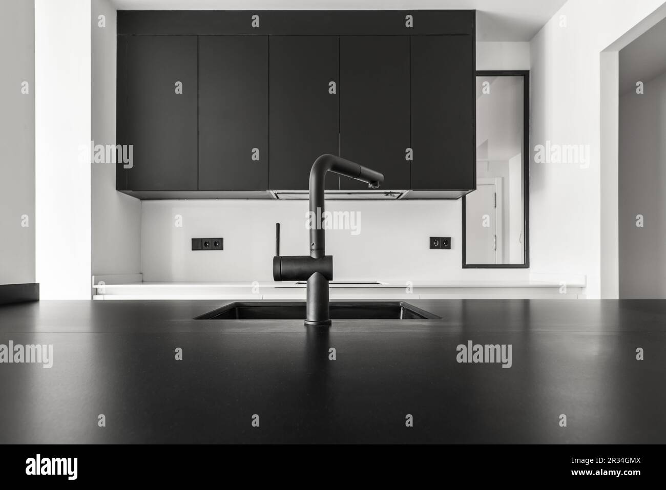 kitchen furnished with a combination of smooth black and white ...
