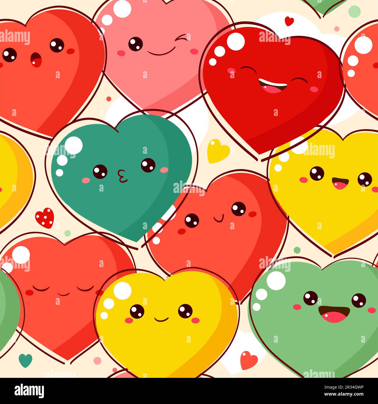 Seamless pattern with cartoon hearts with emoji faces. Cute Valentine ...