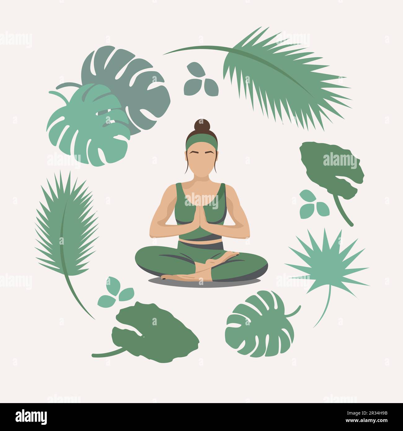 Faceless woman sitting in lotus yoga asana pose in a circle of tropical ...