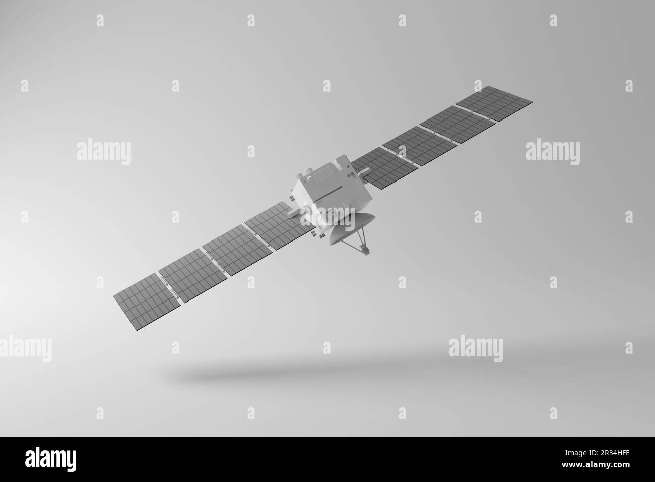 White communication satellite floating in mid air casting shadow on white background creating ...