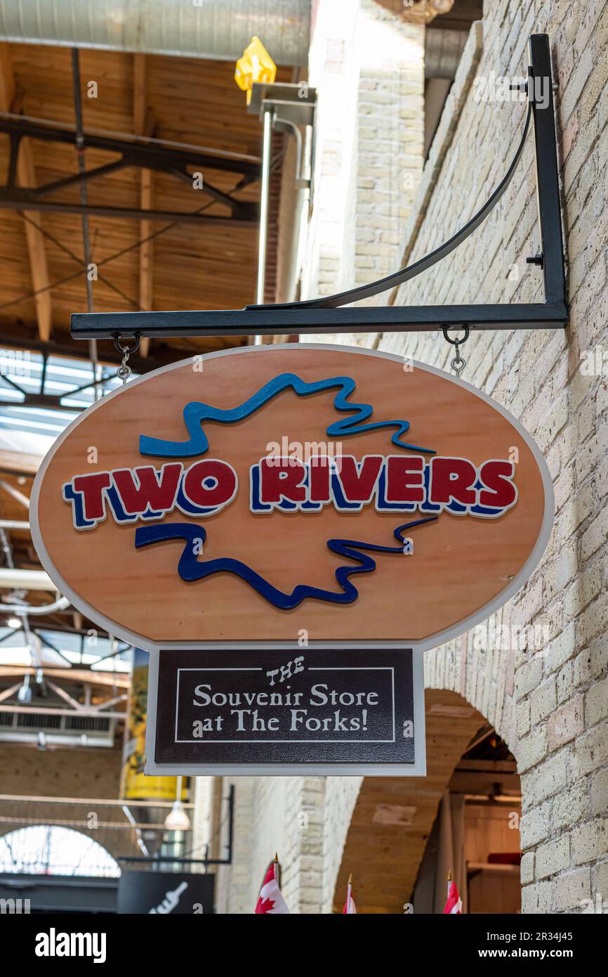 The sign for the Two Rivers Souvenir Store at The Forks Market in ...