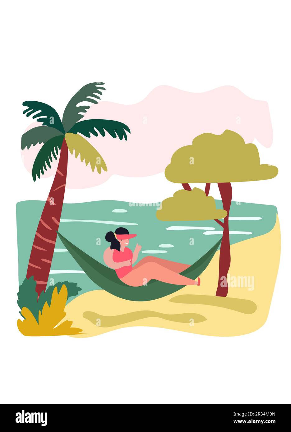 Women relaxing at the beach. Woman reclining in coastal hammocks, savoring sunny alfresco ...