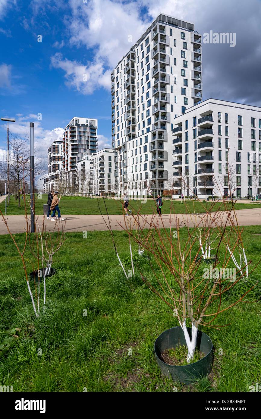 Modern residential district along Toulouser Allee, high-rise buildings ...