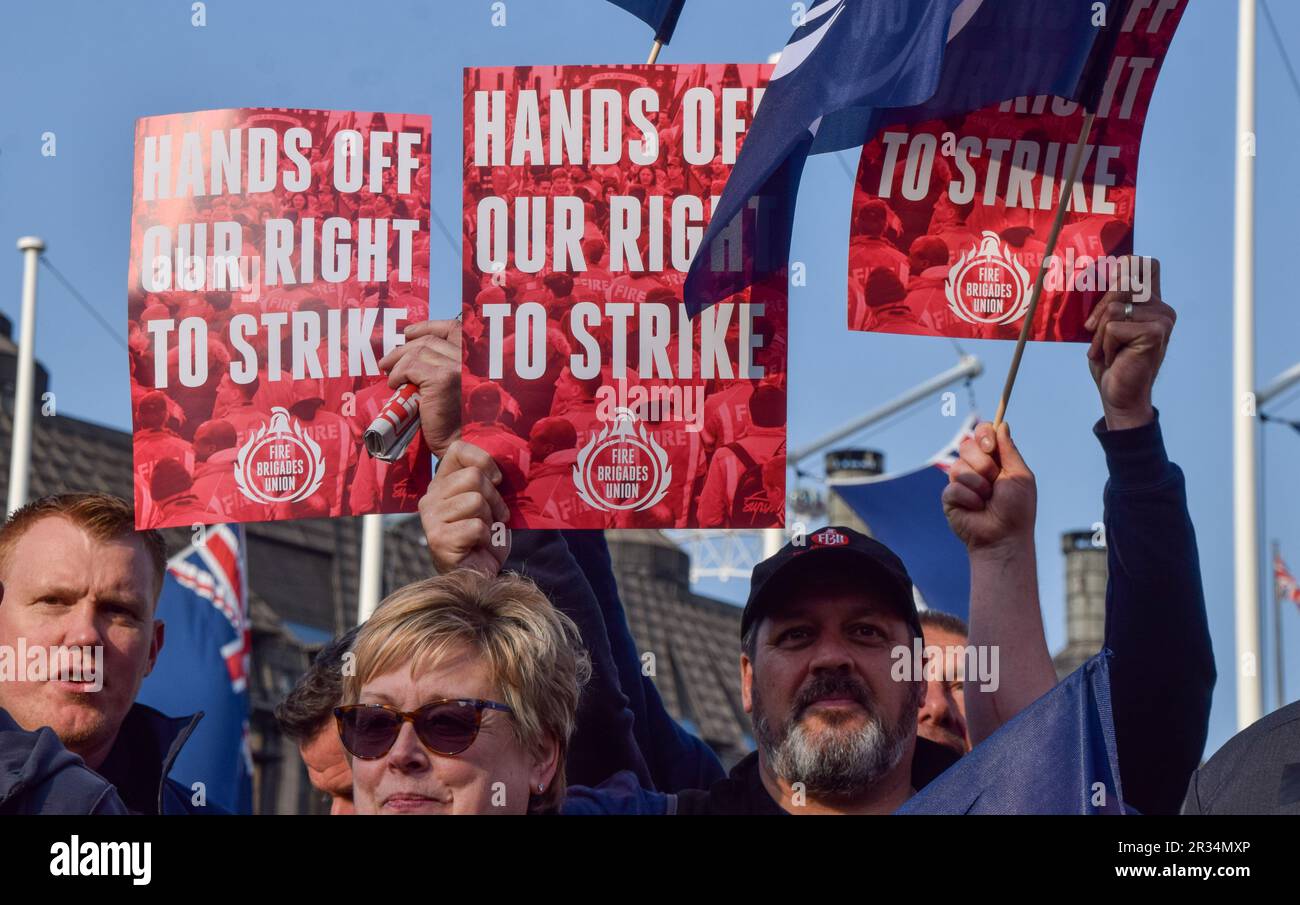 London, UK. 22nd May 2023. Members of the Fire Brigades Union take part ...