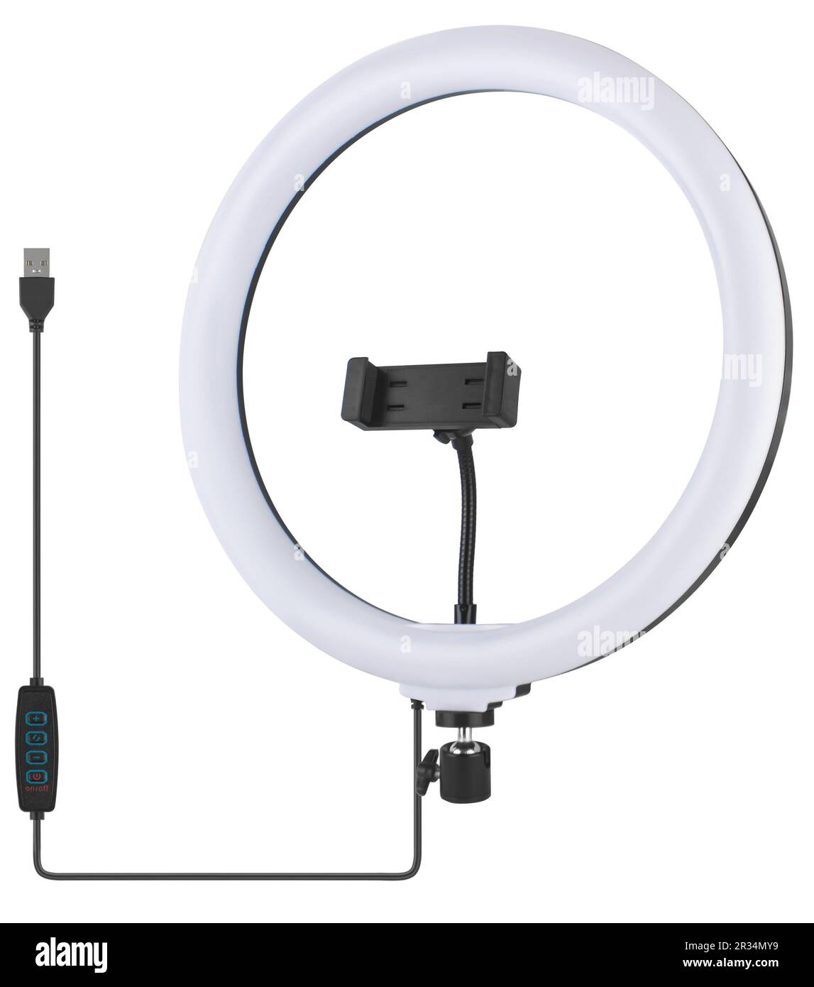 LED ring light, for selfies, with phone holder, white background Stock ...