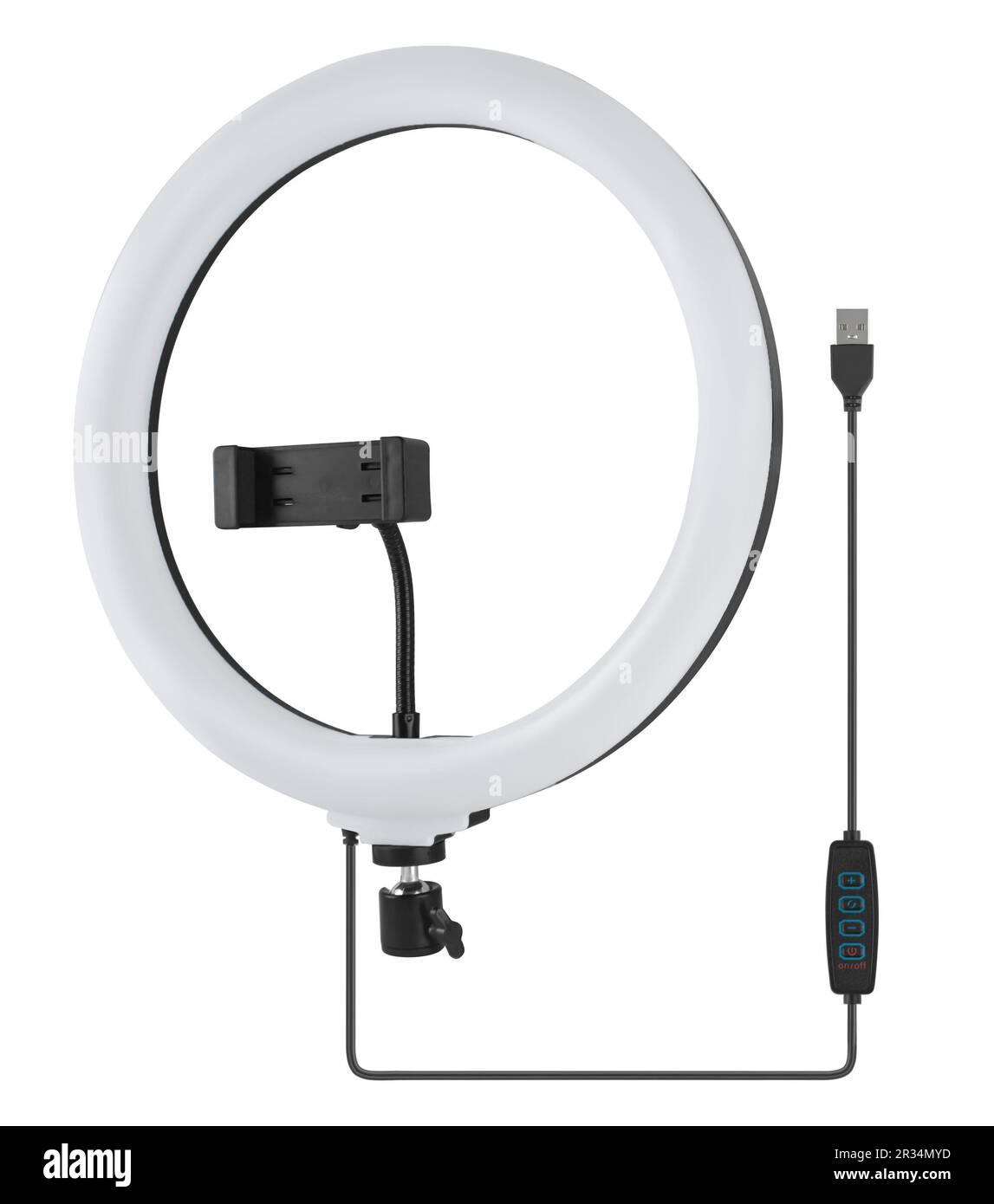 LED ring light, for selfies, with phone holder, white background Stock ...