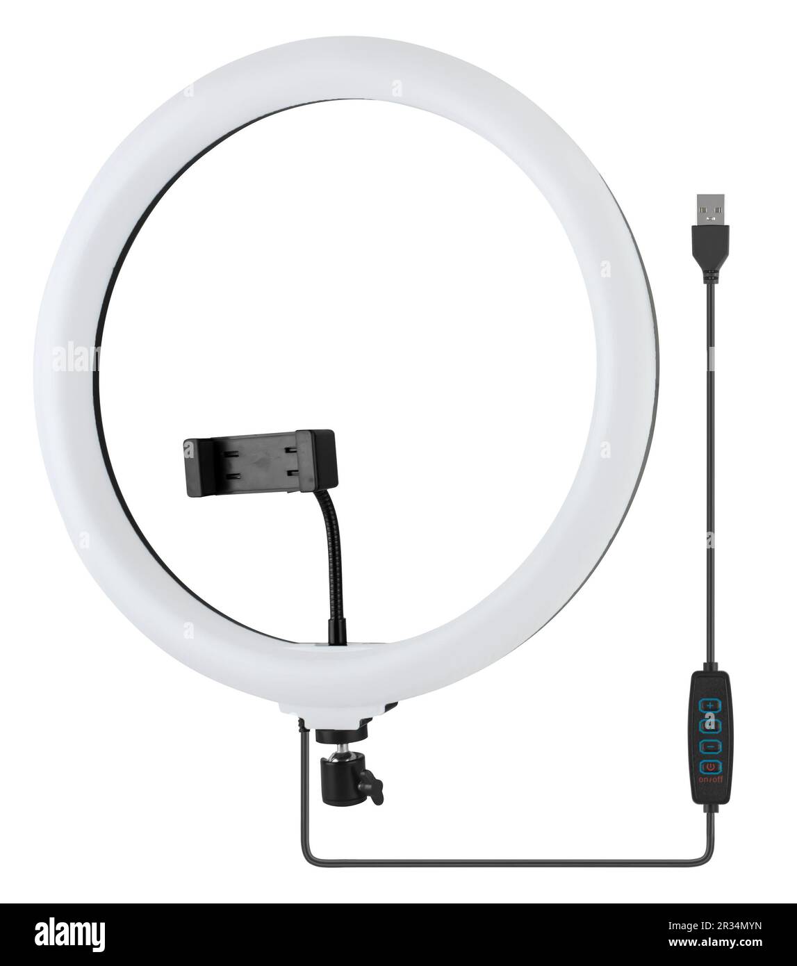 LED ring light, for selfies, with phone holder, white background Stock ...