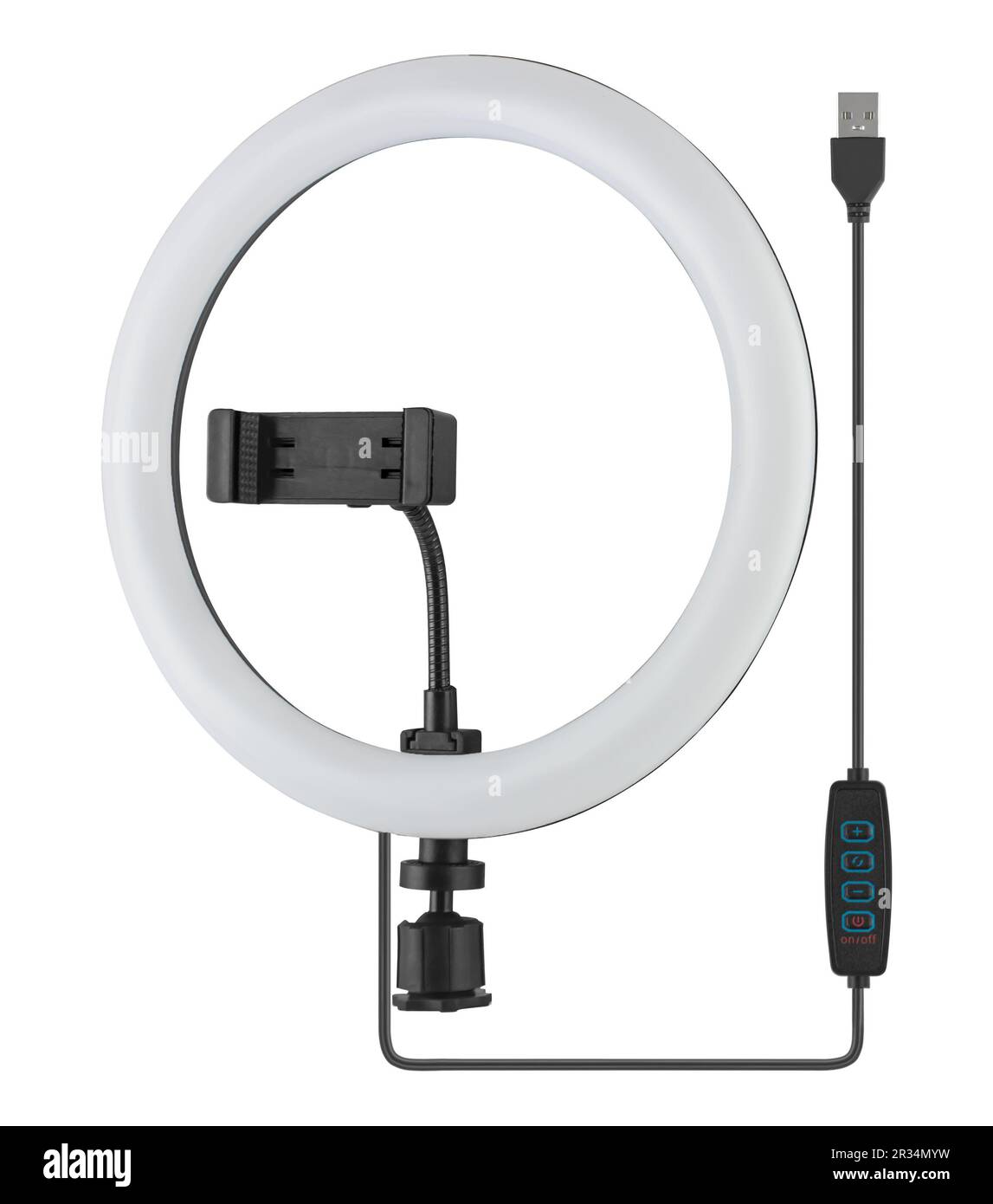 LED ring light, for selfies, with phone holder, white background Stock ...