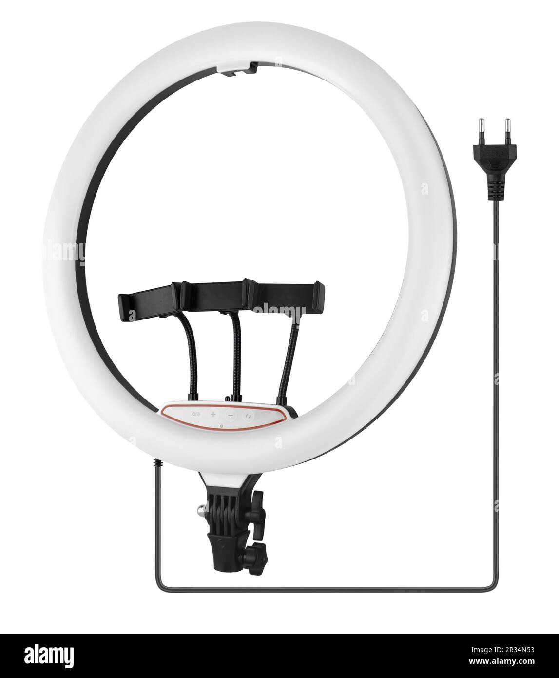LED ring light, for selfies, with phone holder, white background Stock ...