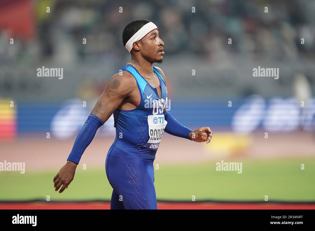 Mike Rodgers running the 100m at the 2019 World Athletics Championships ...