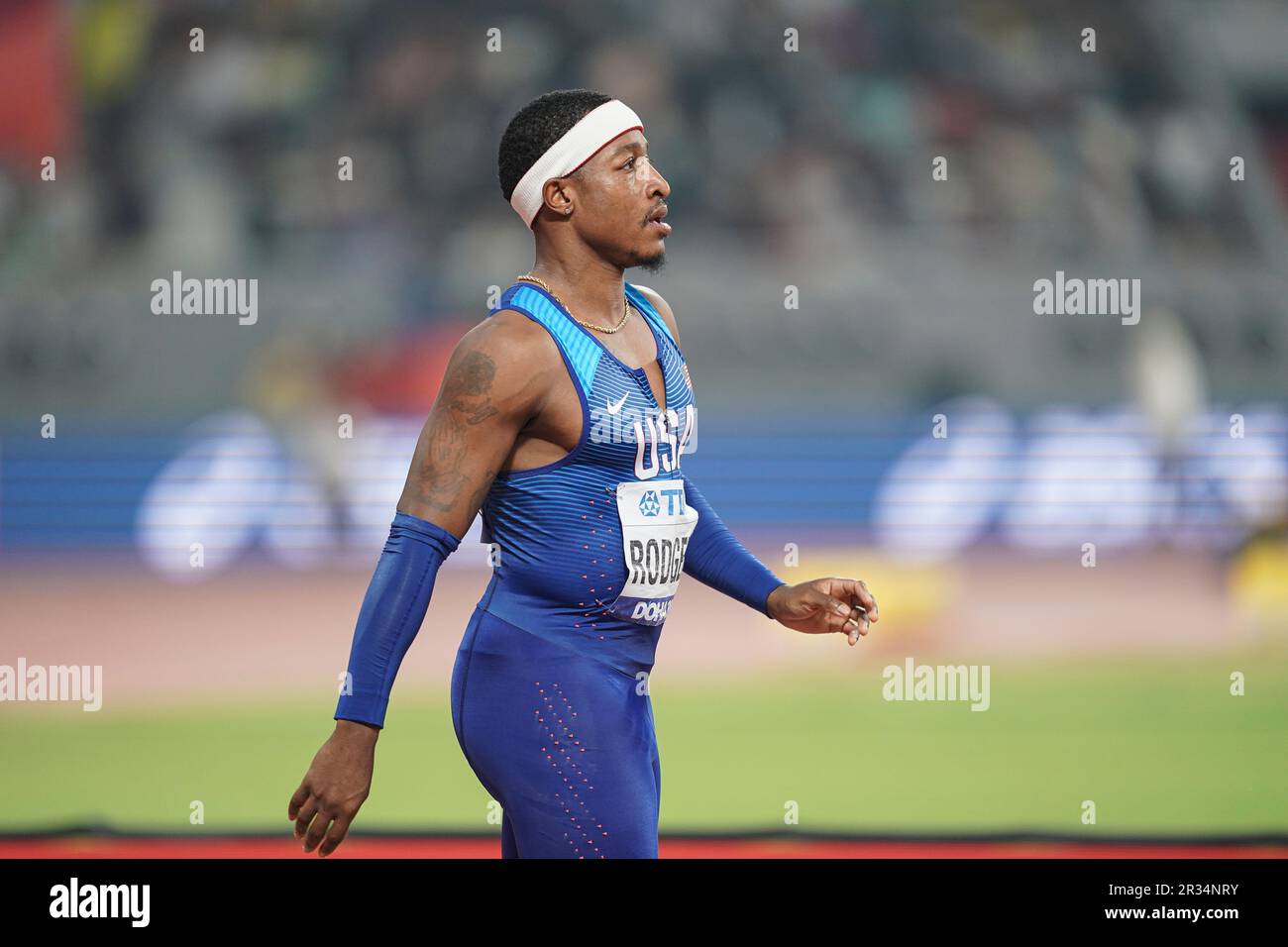 Mike Rodgers running the 100m at the 2019 World Athletics Championships ...