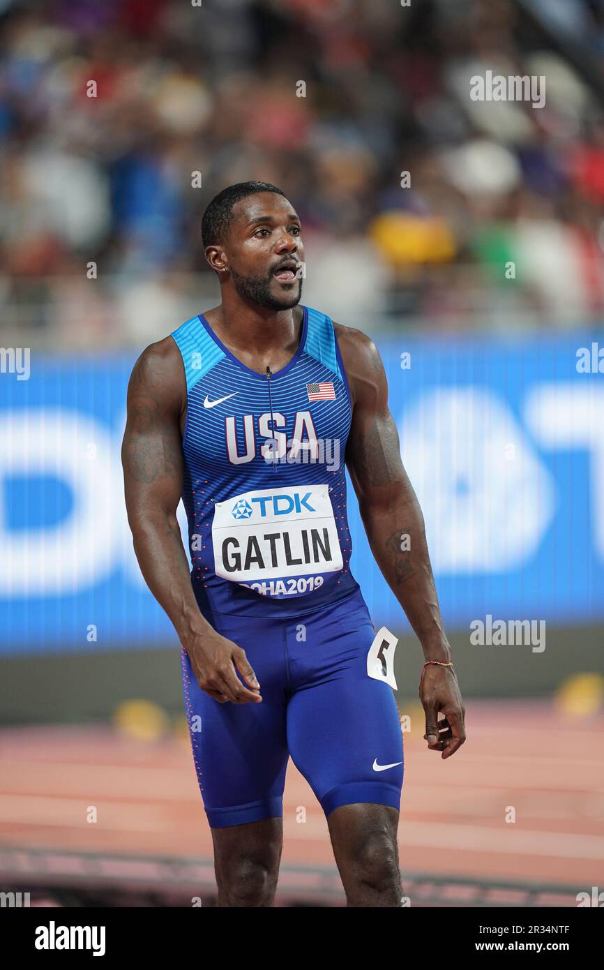 Justin Gatlin running the 100m at the 2019 World Athletics ...