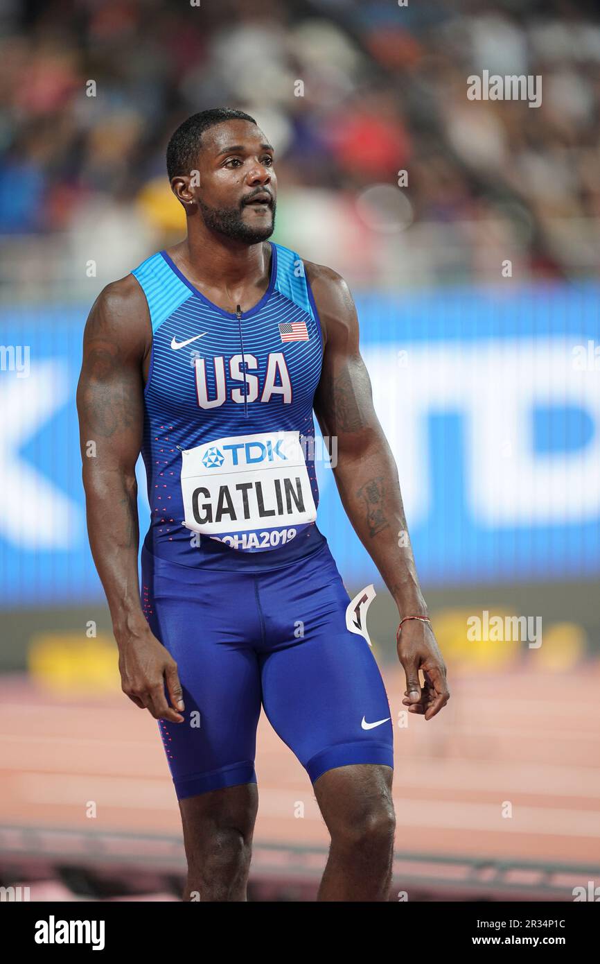 Justin Gatlin running the 100m at the 2019 World Athletics ...
