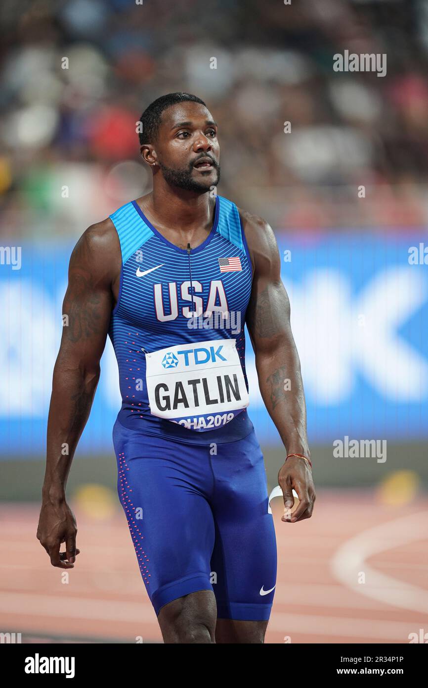 Justin Gatlin running the 100m at the 2019 World Athletics ...