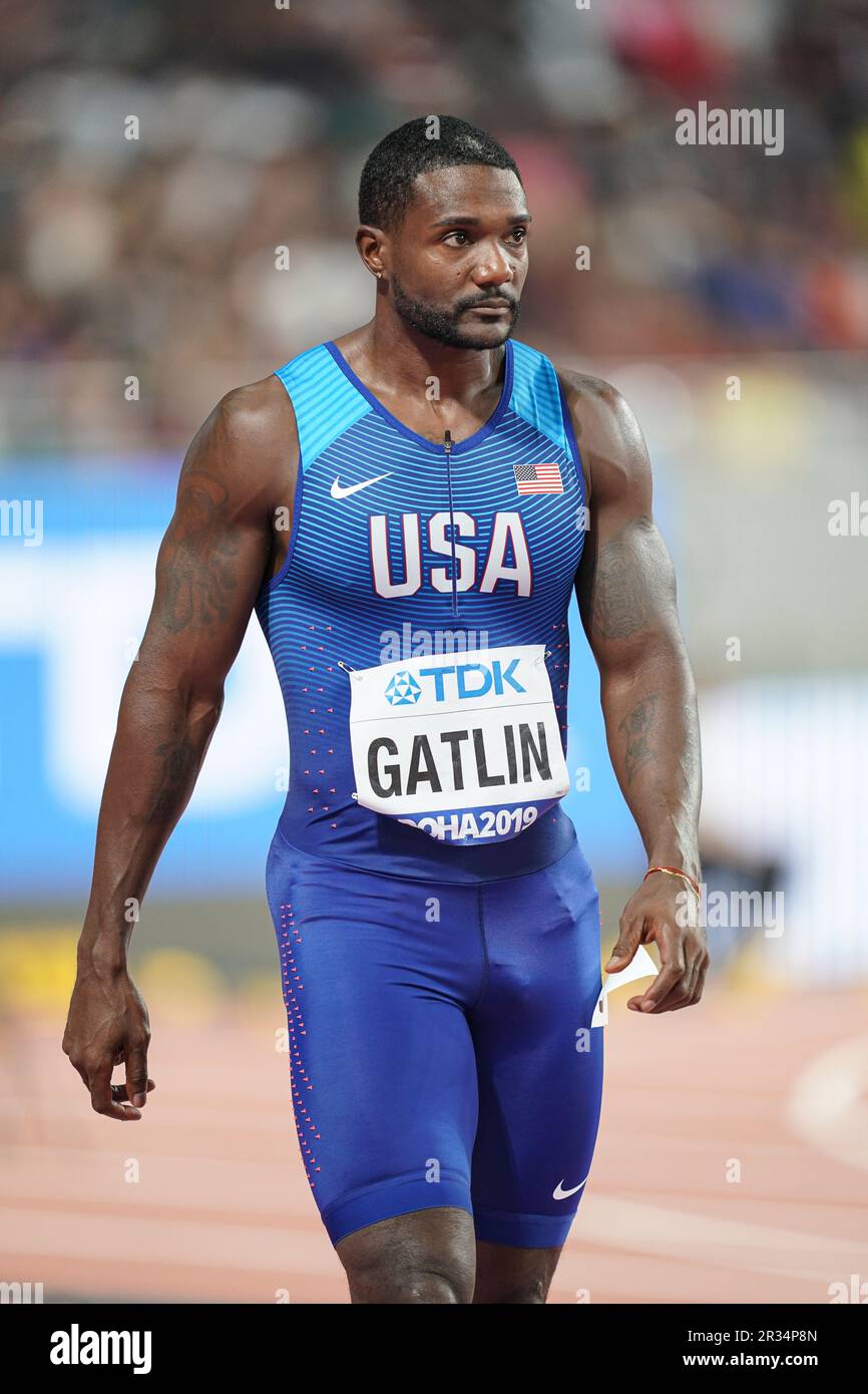 Justin Gatlin running the 100m at the 2019 World Athletics ...