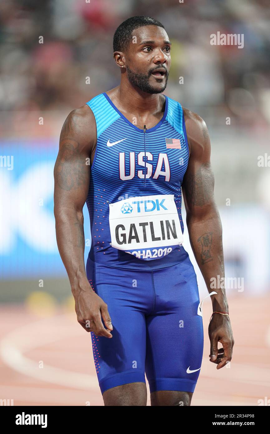 Justin Gatlin running the 100m at the 2019 World Athletics ...