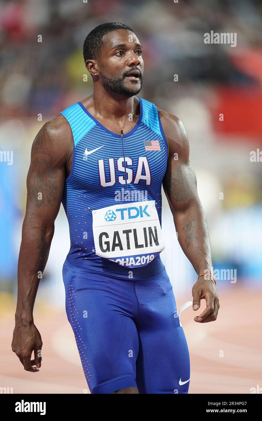 Justin Gatlin running the 100m at the 2019 World Athletics ...