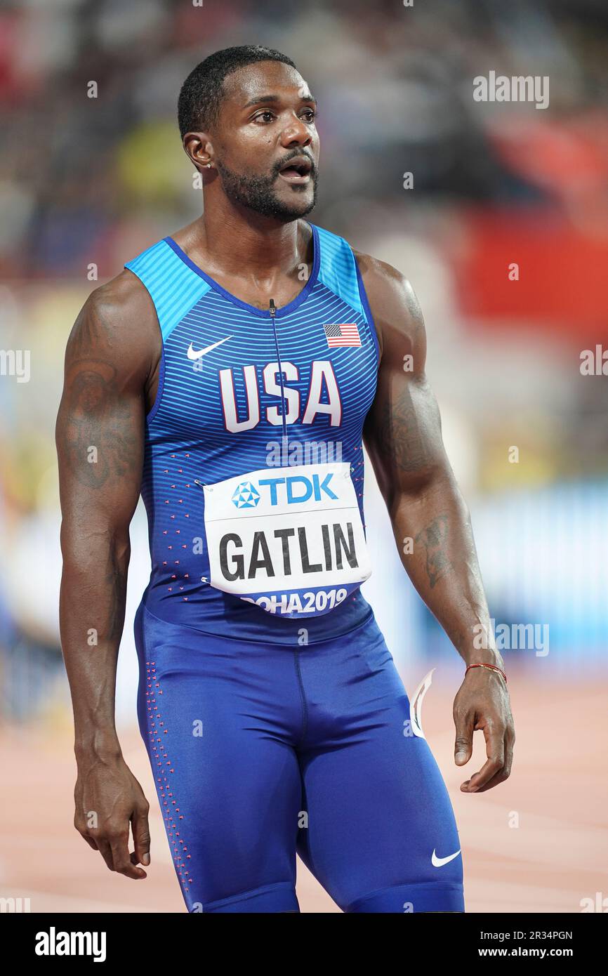 Justin Gatlin running the 100m at the 2019 World Athletics Championships in Doha Stock Photo - Alamy