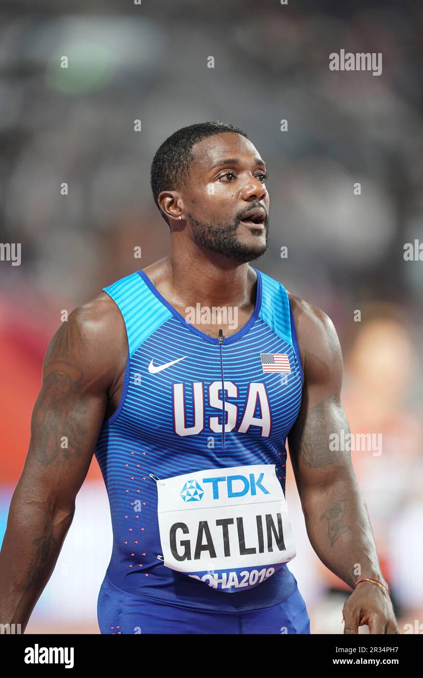 Justin Gatlin running the 100m at the 2019 World Athletics ...