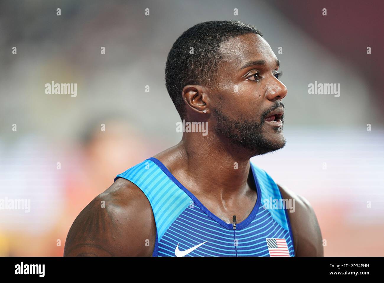 Justin Gatlin running the 100m at the 2019 World Athletics ...