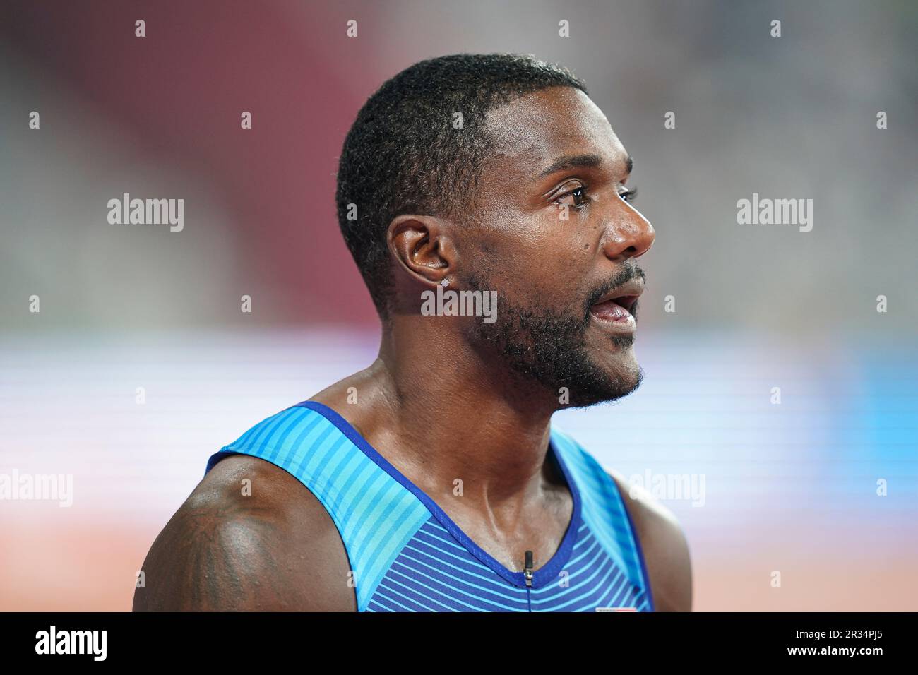 Justin Gatlin running the 100m at the 2019 World Athletics ...