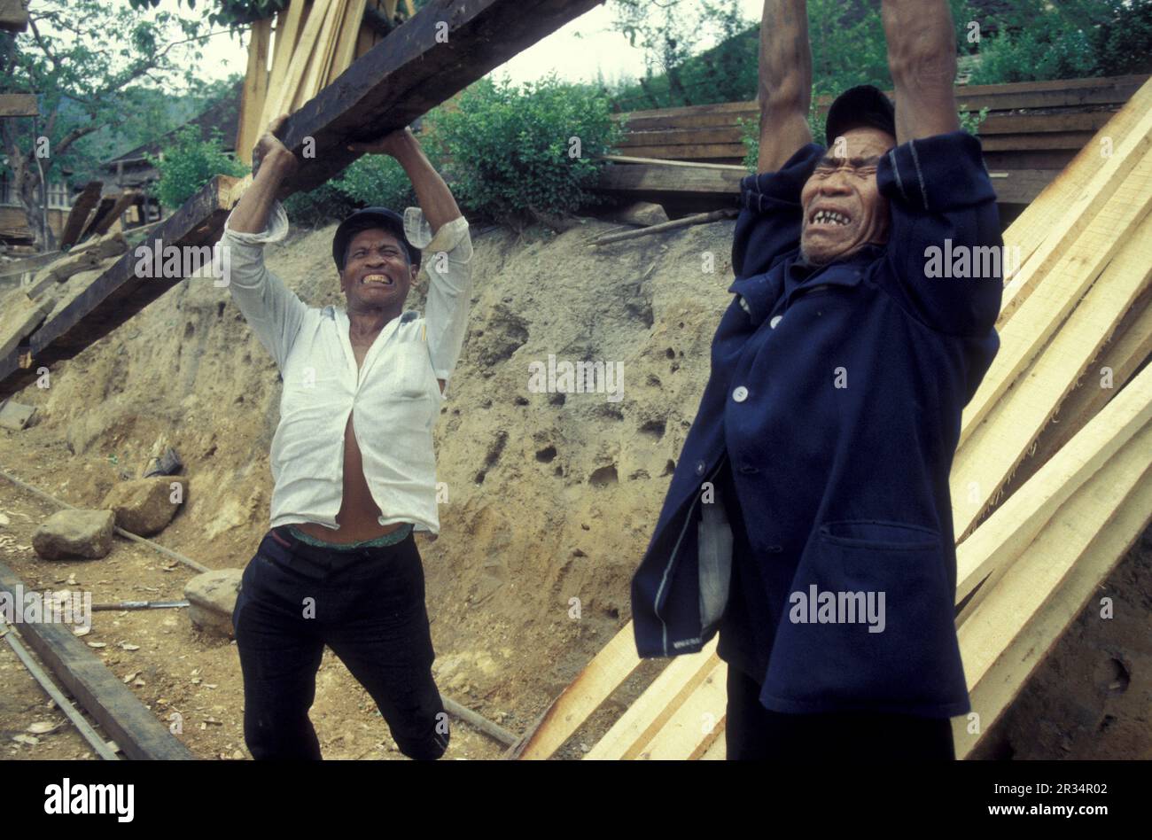 a men at work to buiding a new woodhouse in a Village in the ...