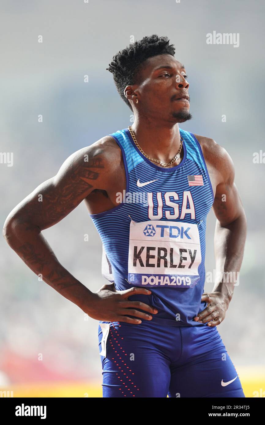Fred Kerley running the 400m at the 2019 World Athletics Championships ...