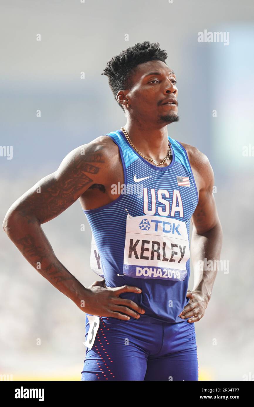 Fred Kerley running the 400m at the 2019 World Athletics Championships ...