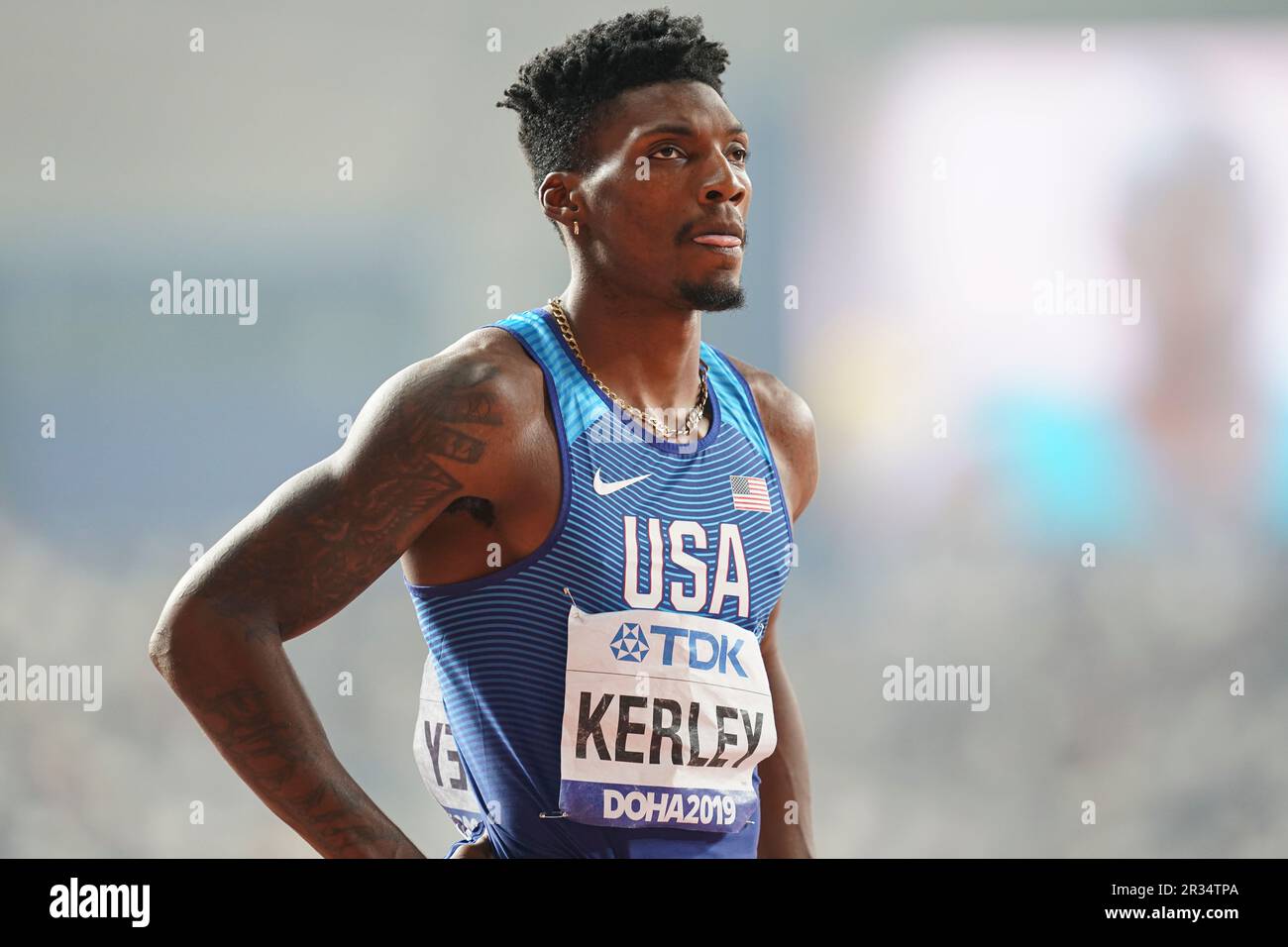 Fred Kerley running the 400m at the 2019 World Athletics Championships ...