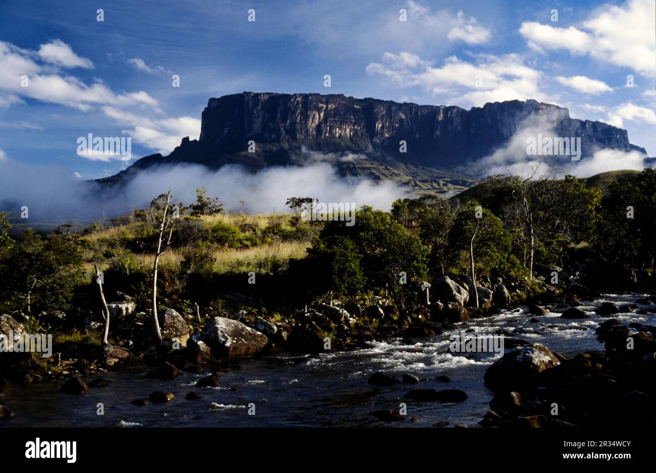 Monte Kukenan (Matawi Tepuy) y rio Kukenan. Gran Sabana. Estado de ...
