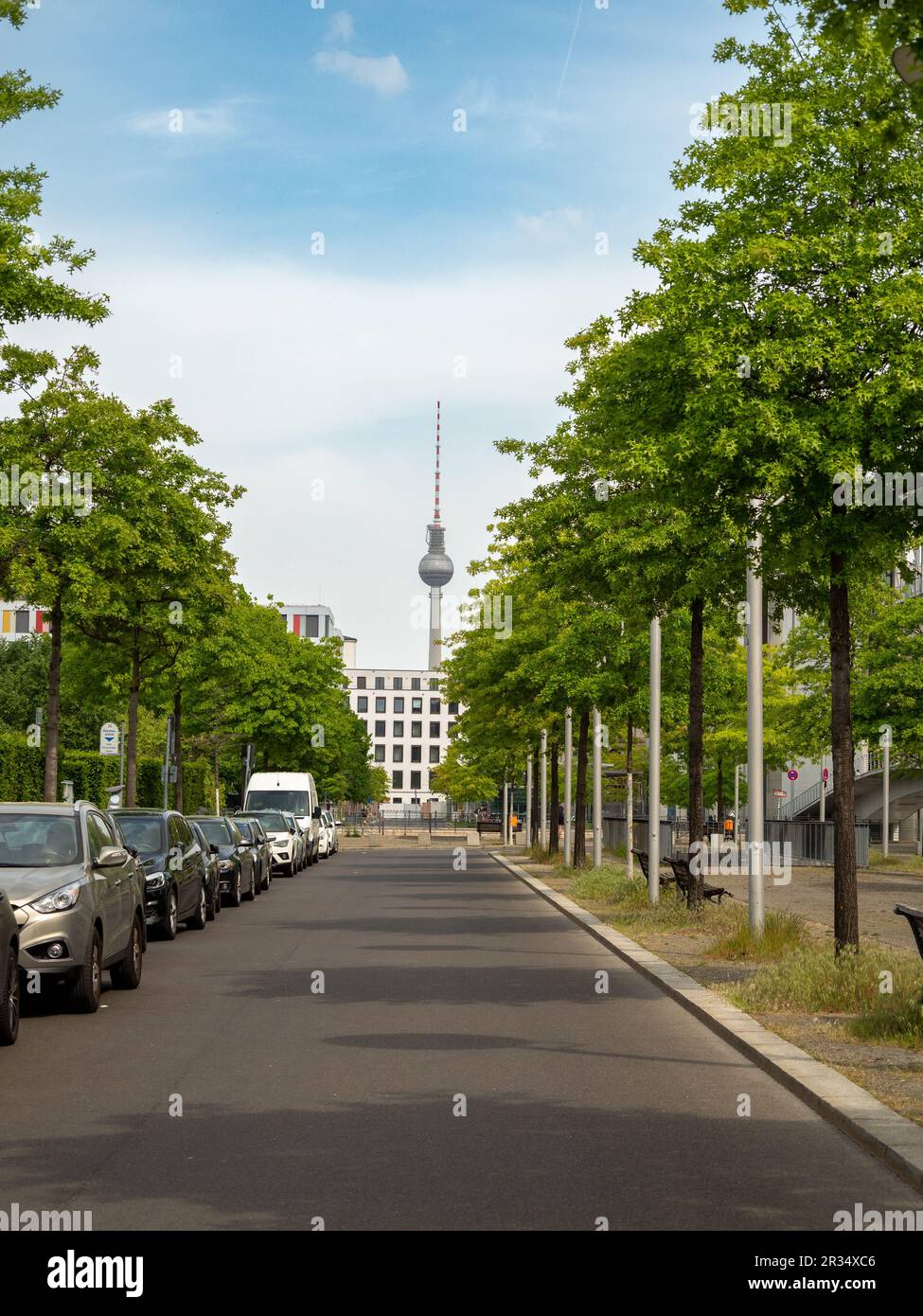 TV tower Alexanderplatz, behind the branches of trees, Berlin, Germany ...
