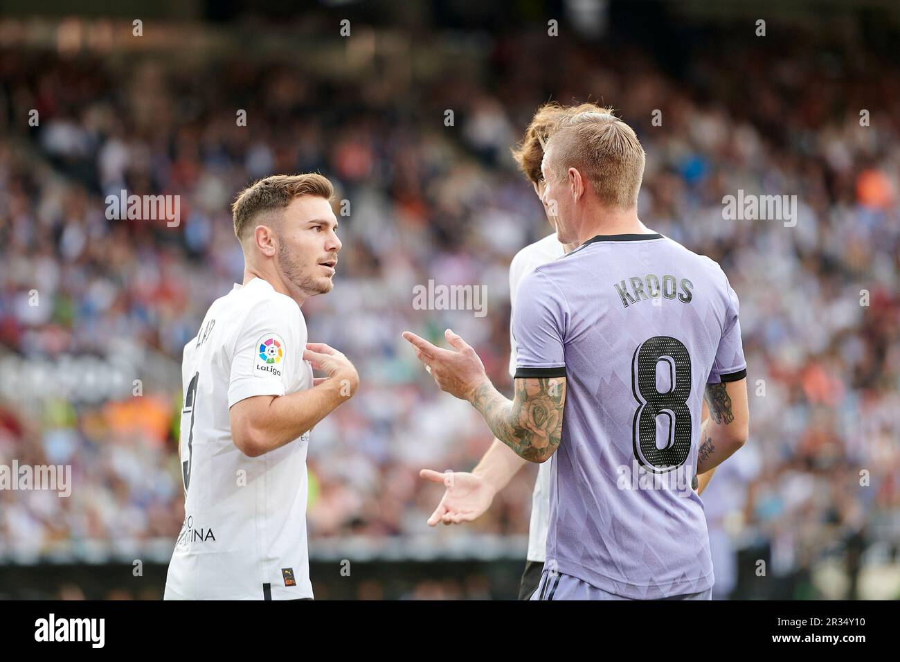 Toni Lato of Valencia CF, Toni Kroos of Real Madrid CF seen in action ...