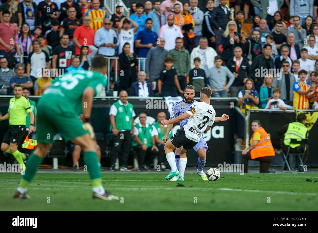 Daniel Carvajal Ramon of Real Madrid CF, Toni Lato of Valencia CF seen ...
