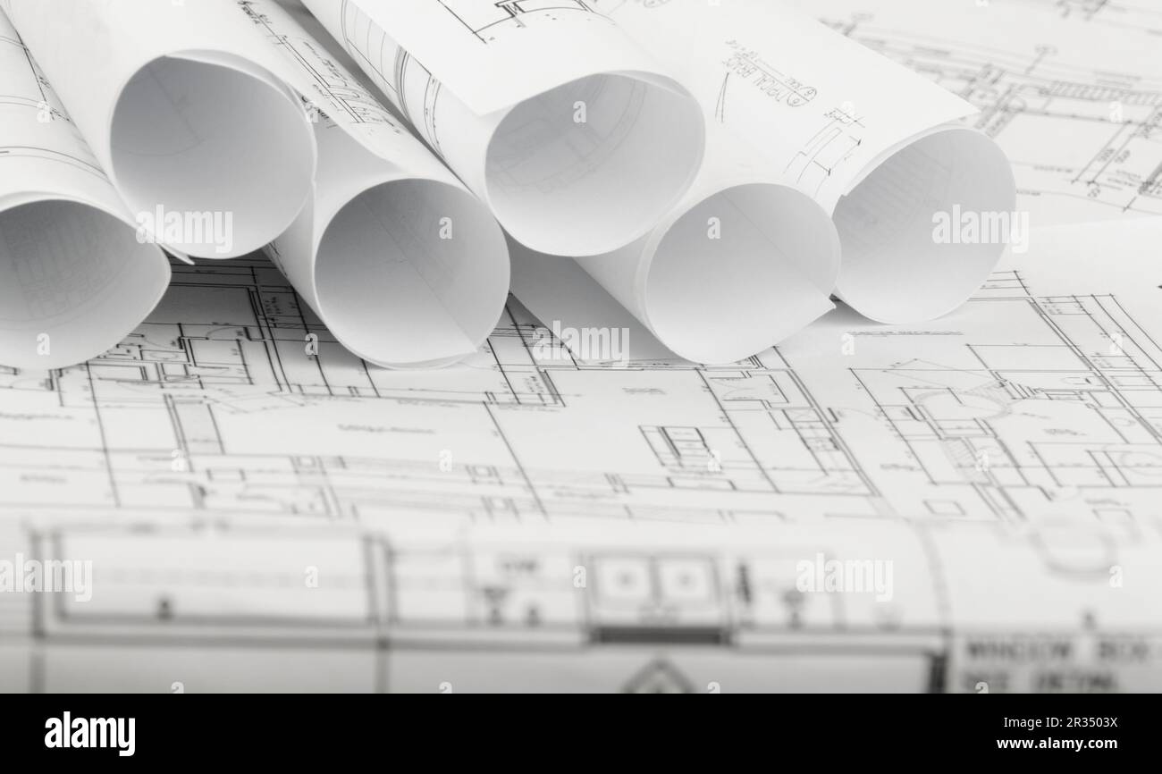 Rolls of architecture blueprints and house plans Stock Photo - Alamy