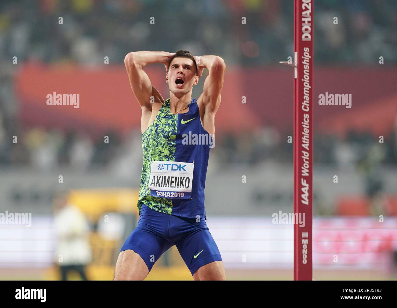 Mikhail AKIMENKO in the high jump at the Doha 2019 World Athletics ...