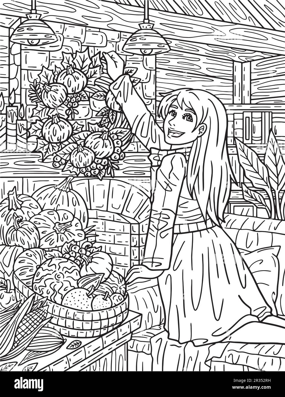 Girl Hanging Thanksgiving Wreath Adults Coloring Stock Vector Image ...