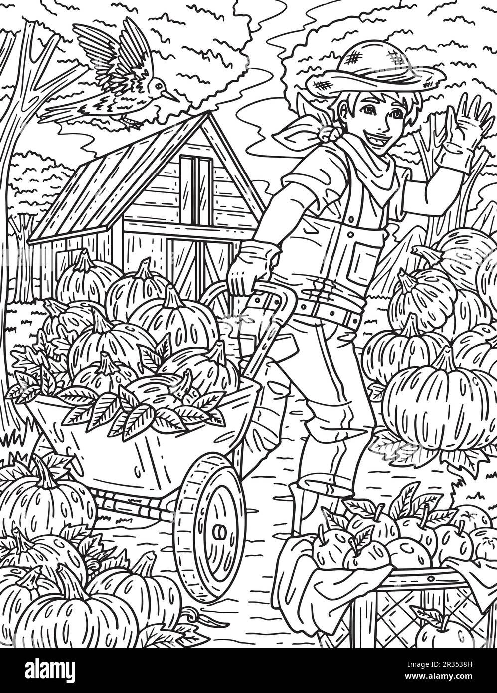 Thanksgiving Boy with Wheelbarrow Adults Coloring Stock Vector Image ...