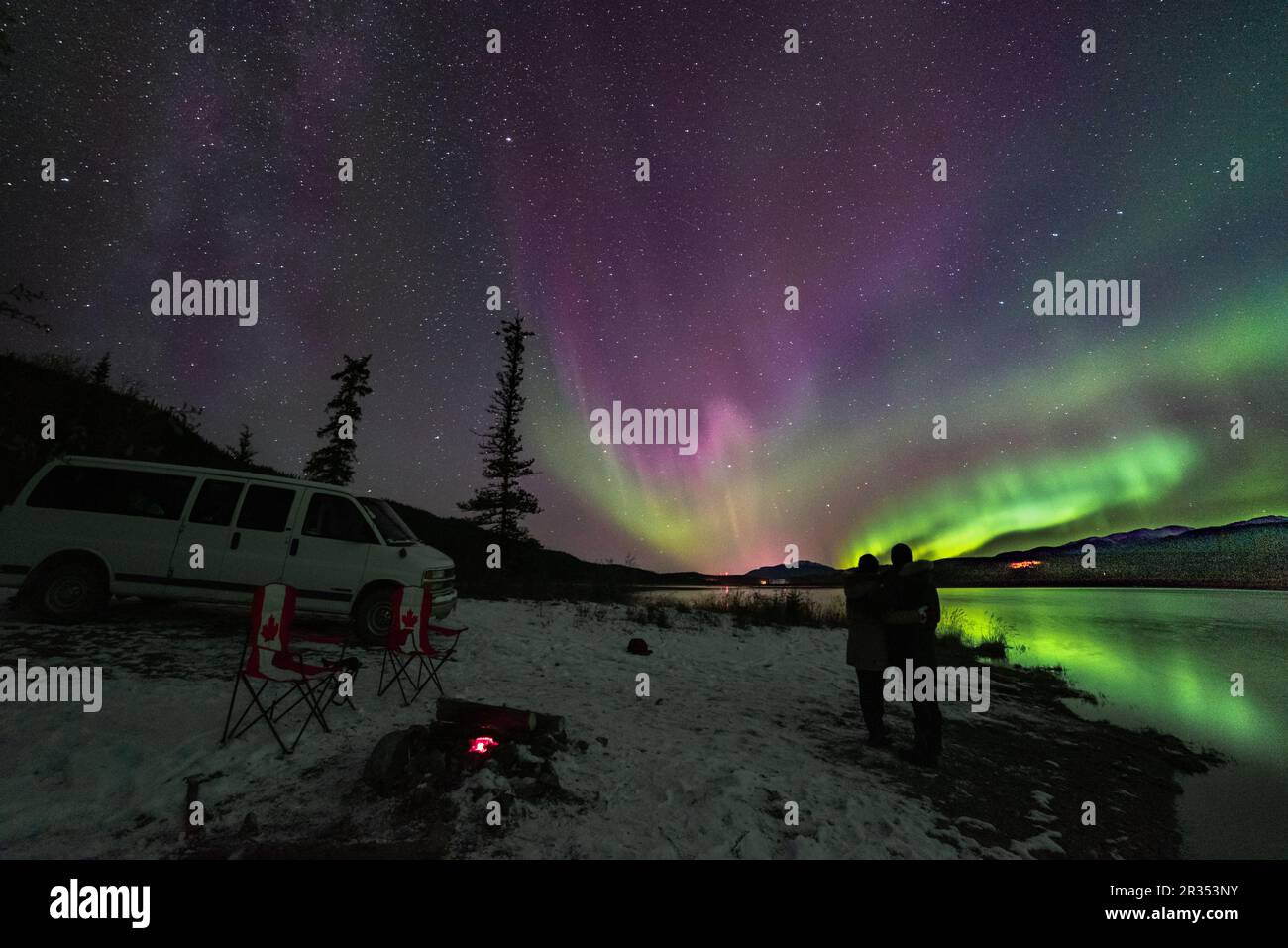 Northern lights display seen in northern Canada, Yukon Territory. Two ...