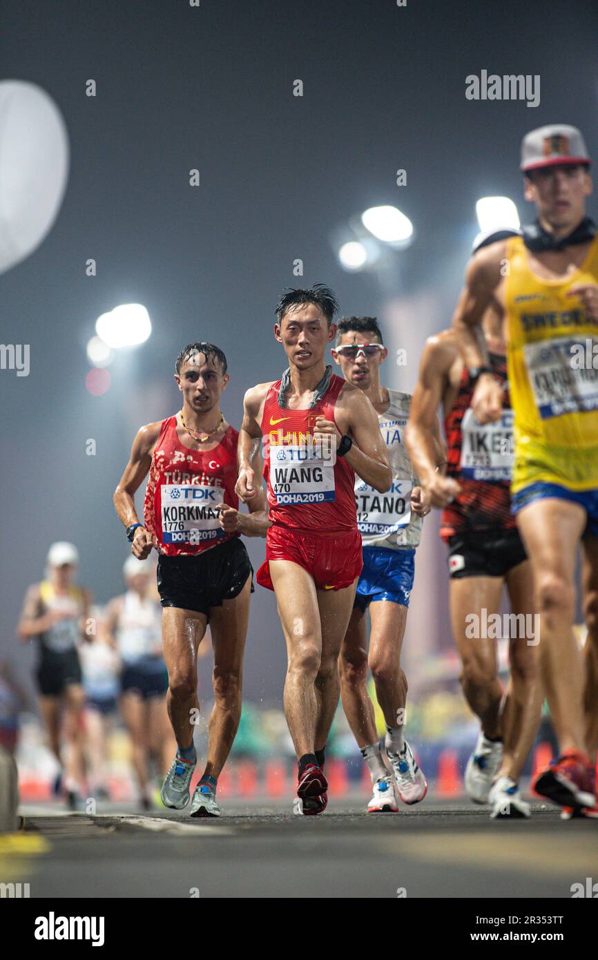 Kaihua WANG running the 20 Kilometres Race Walk at the 2019 World Athletics Championships in ...