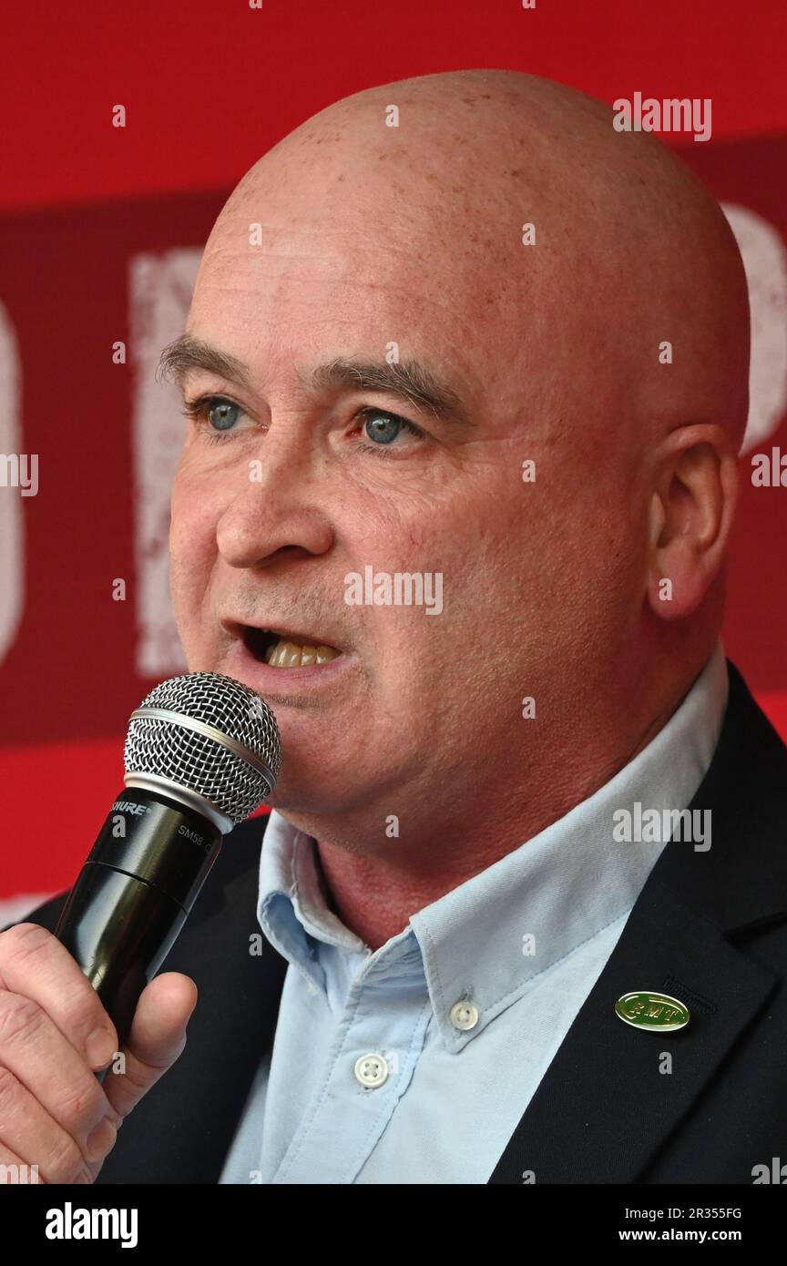 Parliament square, London, UK. 22nd May, 2023. Speakers Mick Lynch is a ...