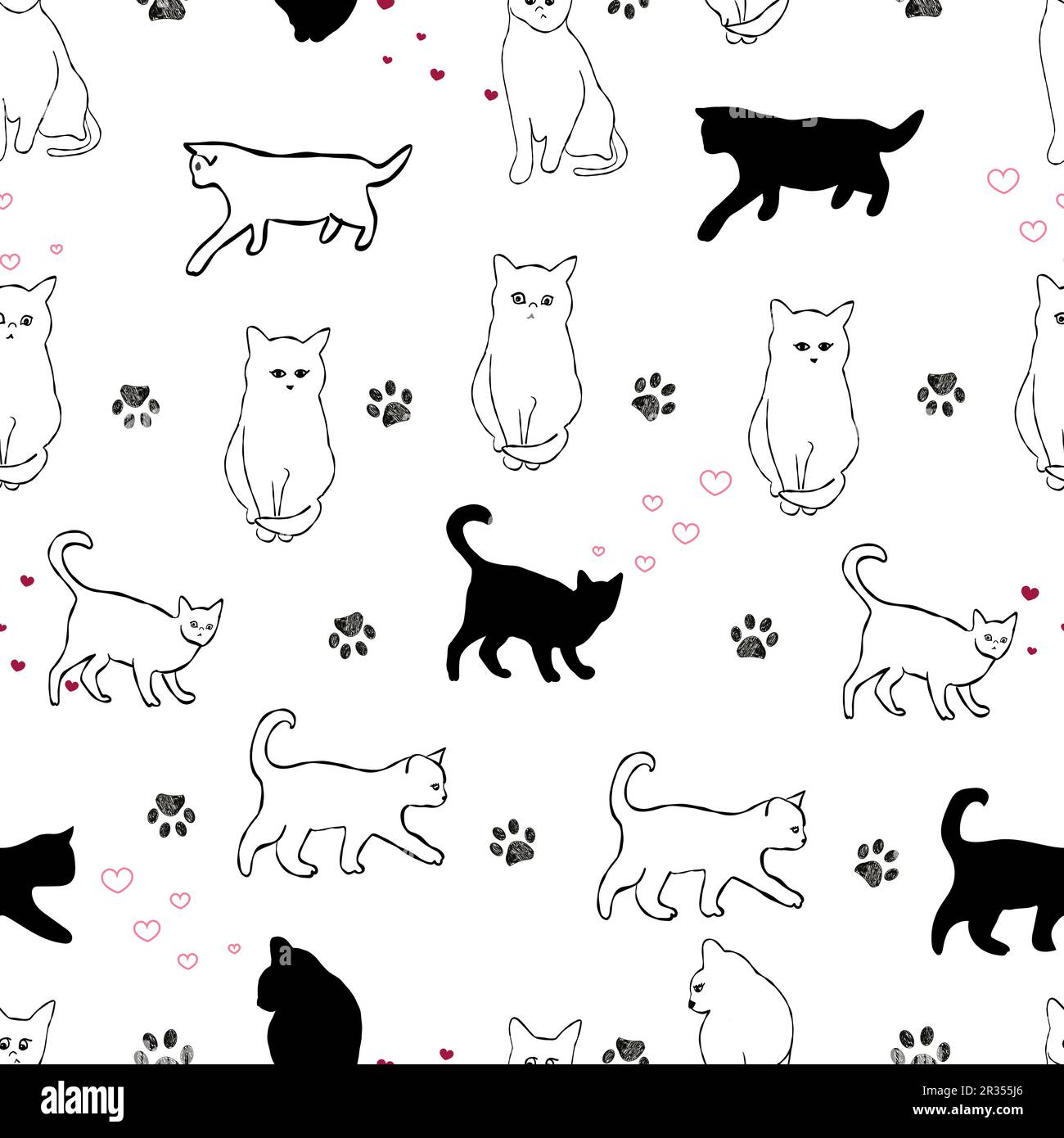 Cute cats illustration with hearts. Seamless fabric design pattern ...