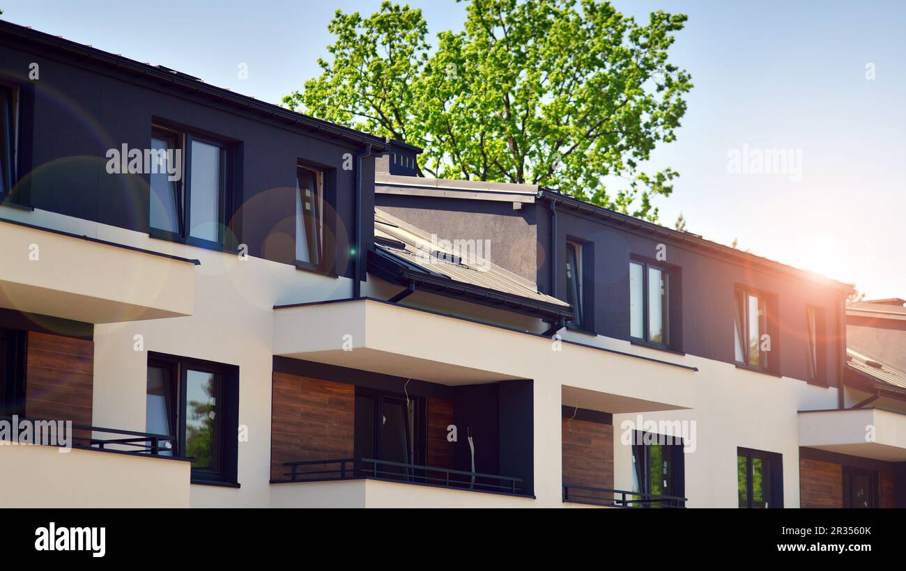 Terraced family homes in newly developed housing estate. The real ...
