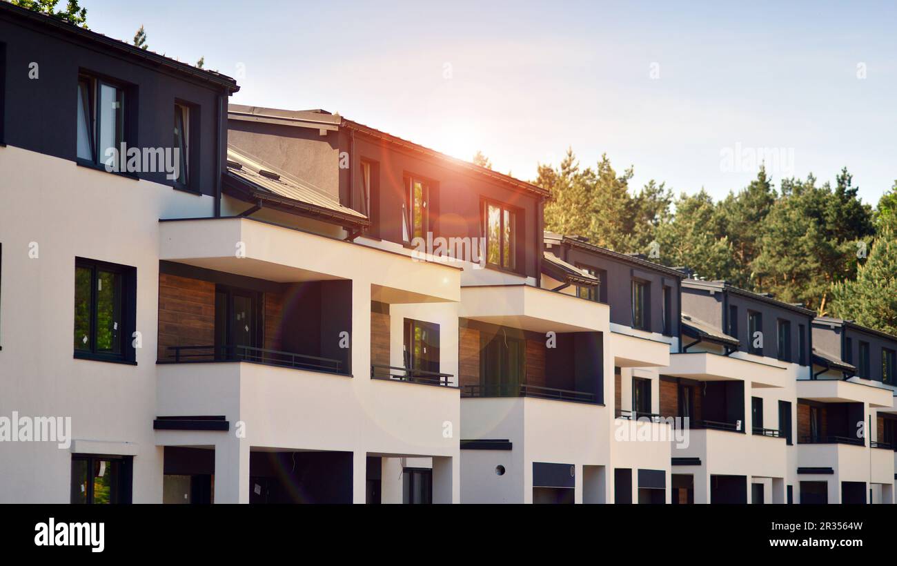 Terraced family homes in newly developed housing estate. The real ...