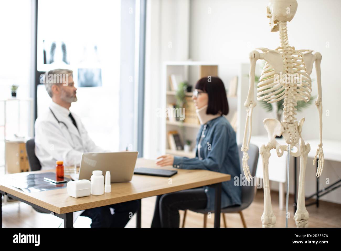 Focus on back view of teaching model located in consulting room of ...