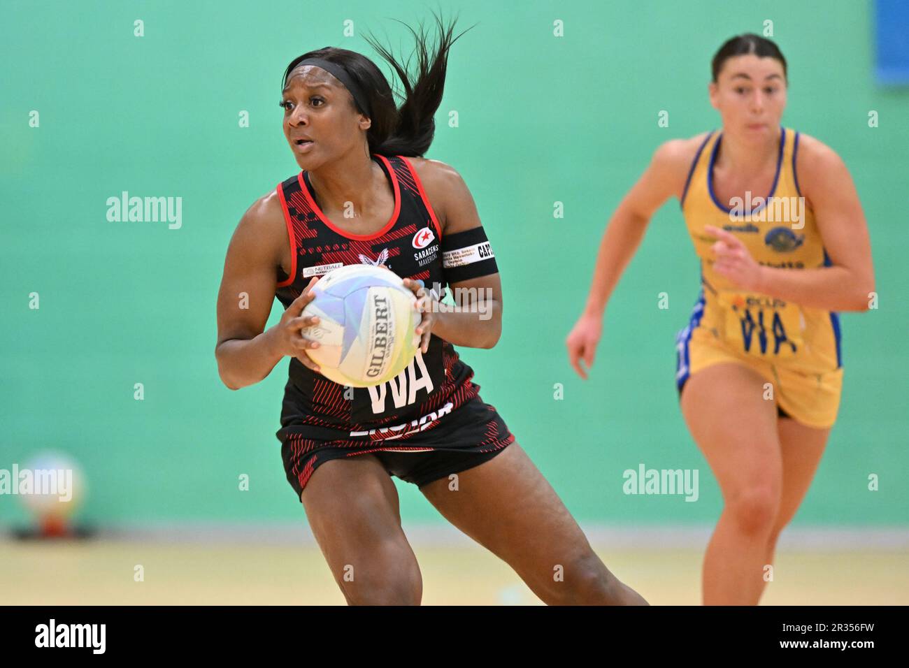 Action from the Netball Superleague match between Saracens Mavericks ...