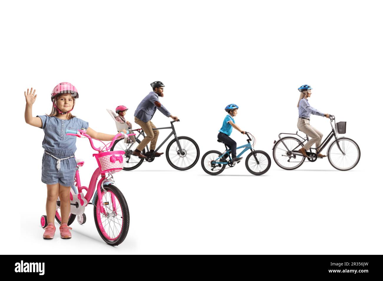 Family riding bicycles and a girl waving at camera isolated on white ...