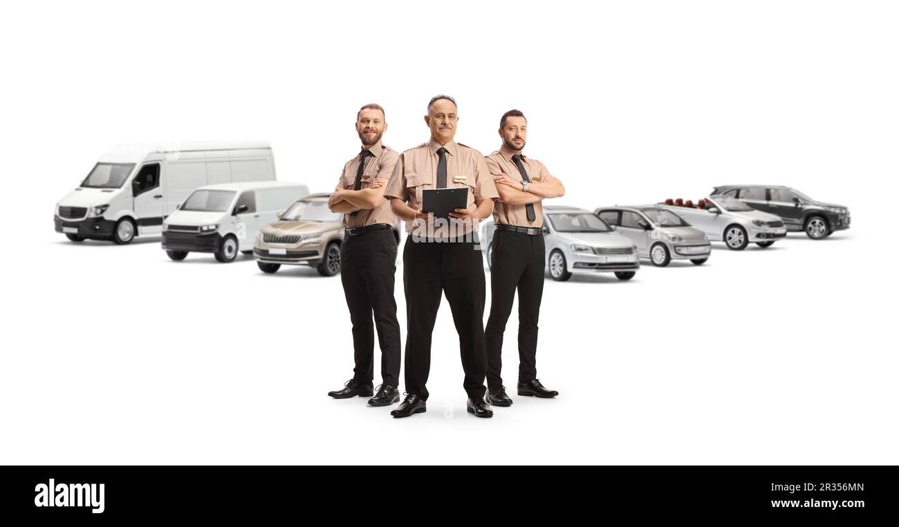 Security guards in uniforms standing in front of parked vehicles ...